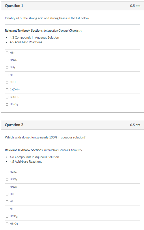 Solved Identify all of the strong acid and strong bases in | Chegg.com