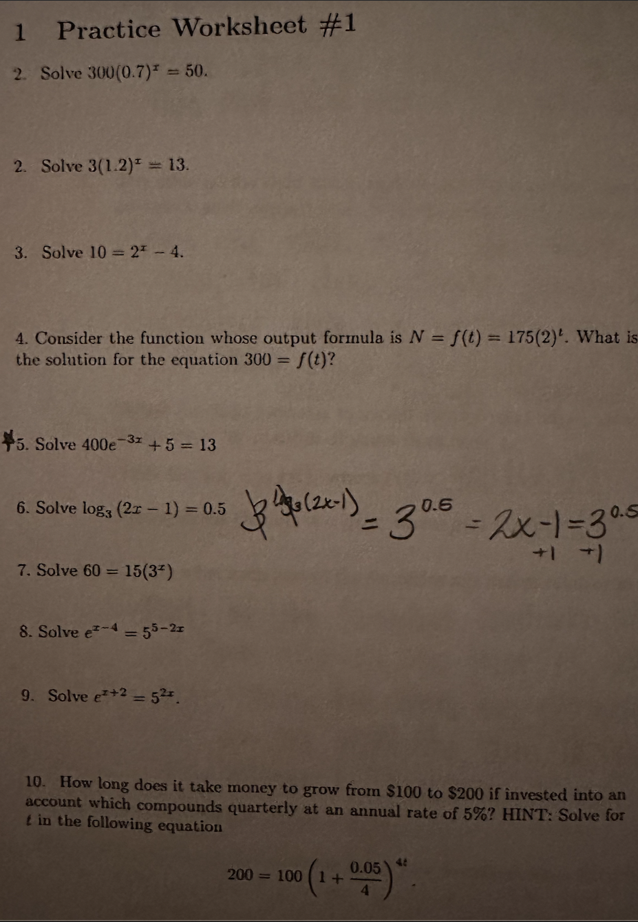 Solved 1 Practice Worksheet #1 2. Solve 300(0.7)x=50 2. | Chegg.com