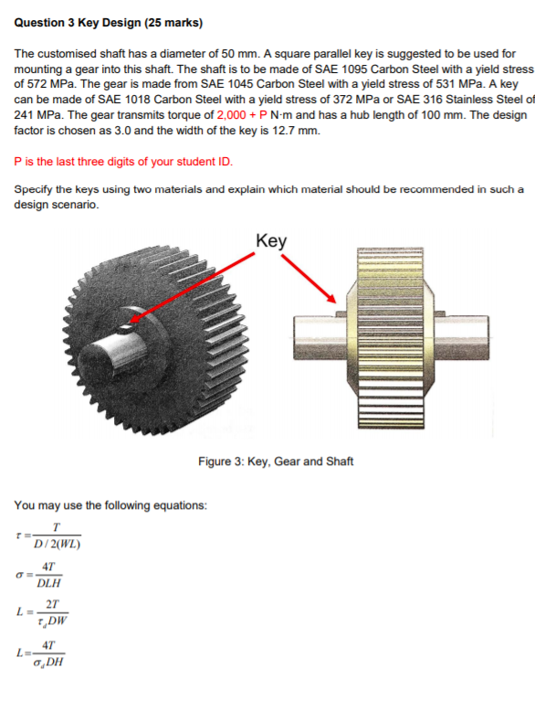 Solved Question 3 Key Design (25 marks) The customised shaft | Chegg.com