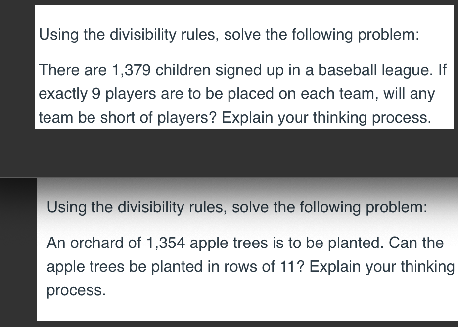 Solved Using the divisibility rules, solve the following | Chegg.com