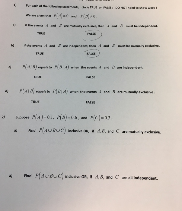 Solved 1) For each of the following statements, circle TRUE | Chegg.com