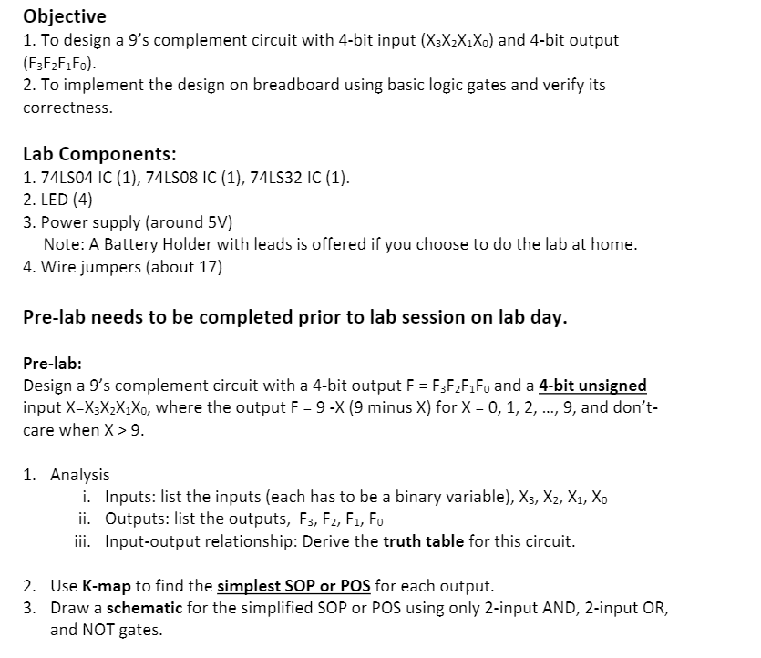 Objective 1. To design a 9's complement circuit with | Chegg.com