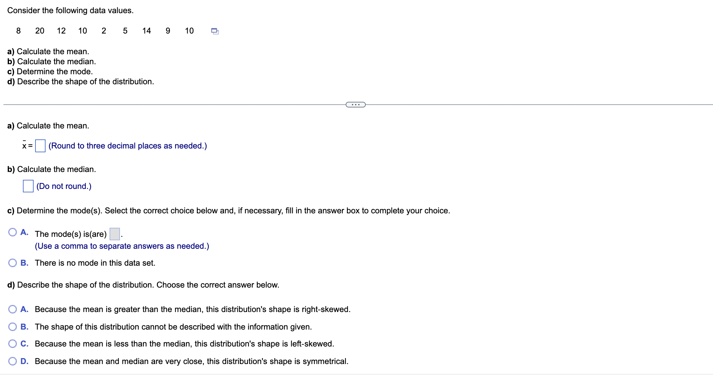 Solved Consider the following data values. 82012102514910 a) | Chegg.com