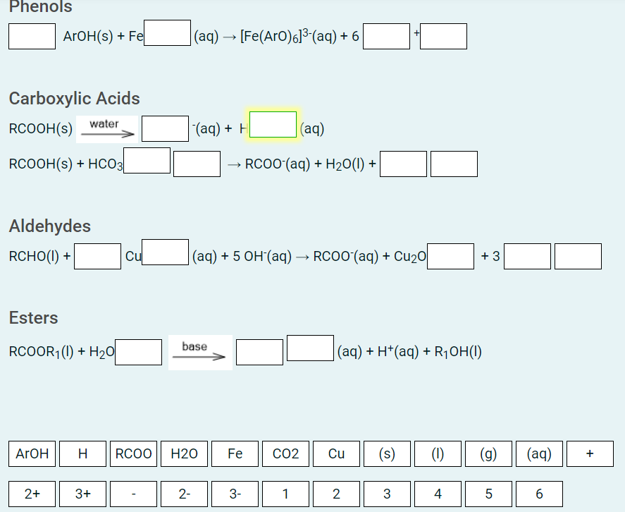 Phenols ArOH(s)+Fe (aq)→[Fe(ArO)6]3−(aq)+6 Carboxylic | Chegg.com