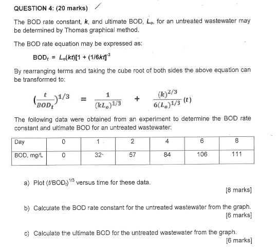 Solved QUESTION 4: (20 marks) The BOD rate constant, k, and | Chegg.com