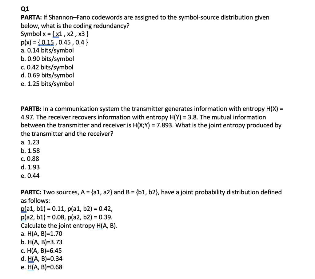Solved Q1 PARTA: If Shannon-Fano codewords are assigned to | Chegg.com