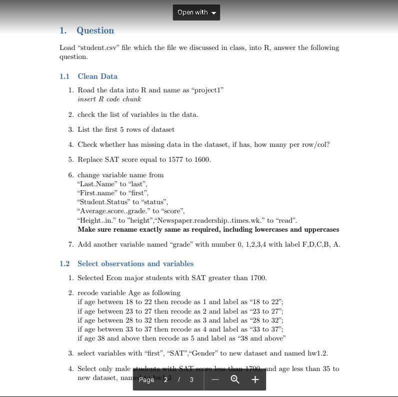 Solved Load "student.csv" file which the file we discussed | Chegg.com