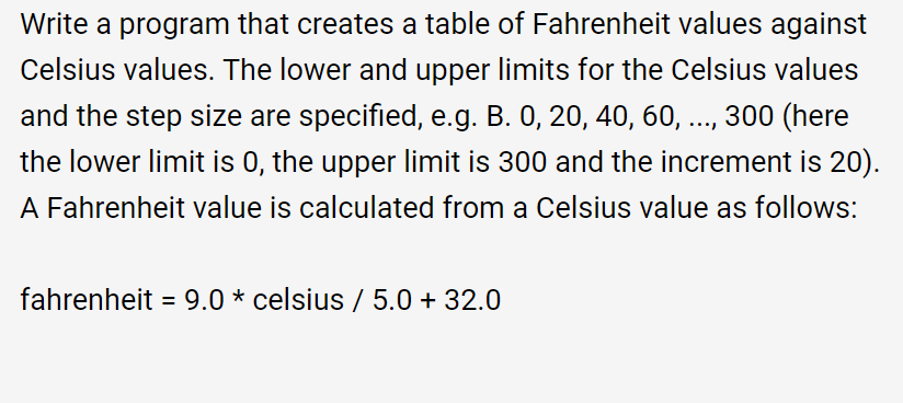 Solved Write a program that creates a table of Fahrenheit | Chegg.com
