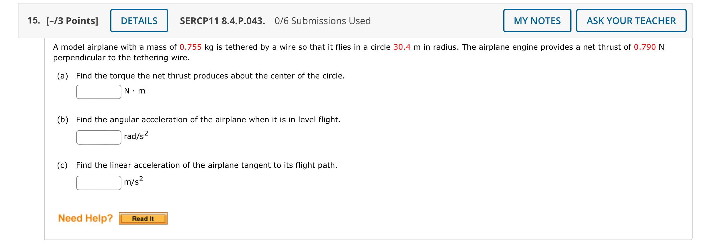Solved A model airplane with a mass of 0.755 kg is tethered | Chegg.com
