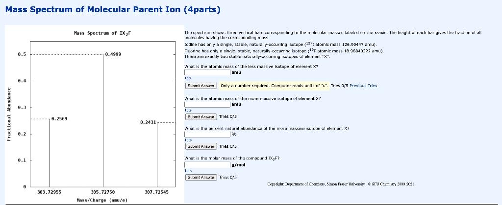 Solved Mass Spectrum of Molecular Parent Ion (4parts) Mass | Chegg.com