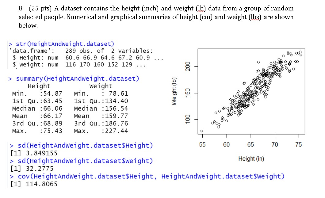Solved 8. (25 pts) A dataset contains the height (inch) and | Chegg.com