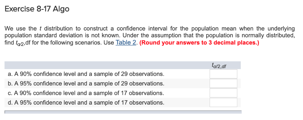Solved Exercise 8-17 Algo We use the t distribution to | Chegg.com