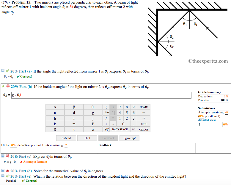 Solved: (7%) Problem 15: Two Mirrors Are Placed Perpendicu... | Chegg.com
