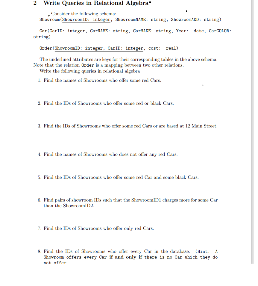 Solved 2 Write Queries in Relational Algebra" Consider the | Chegg.com