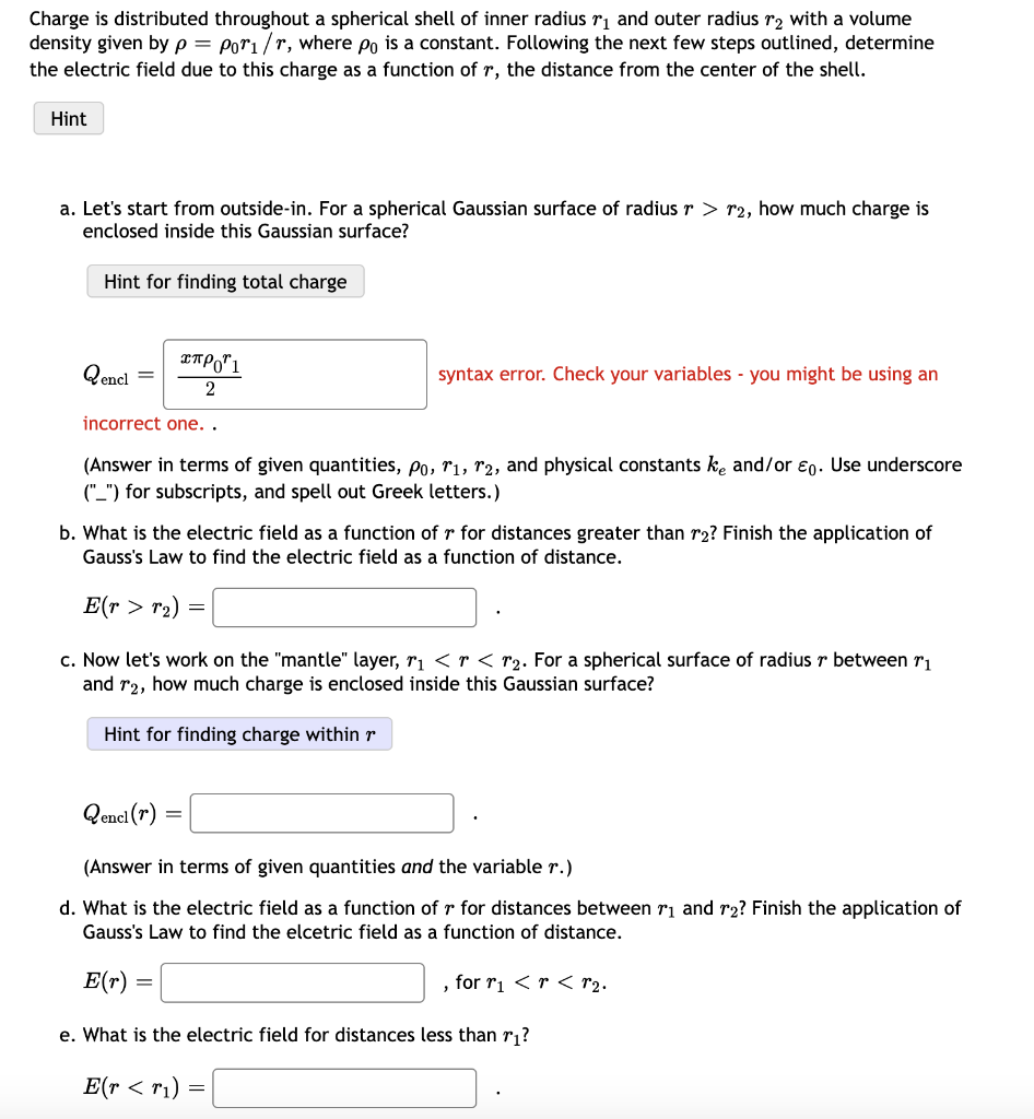 Solved Charge is distributed throughout a spherical shell of | Chegg.com
