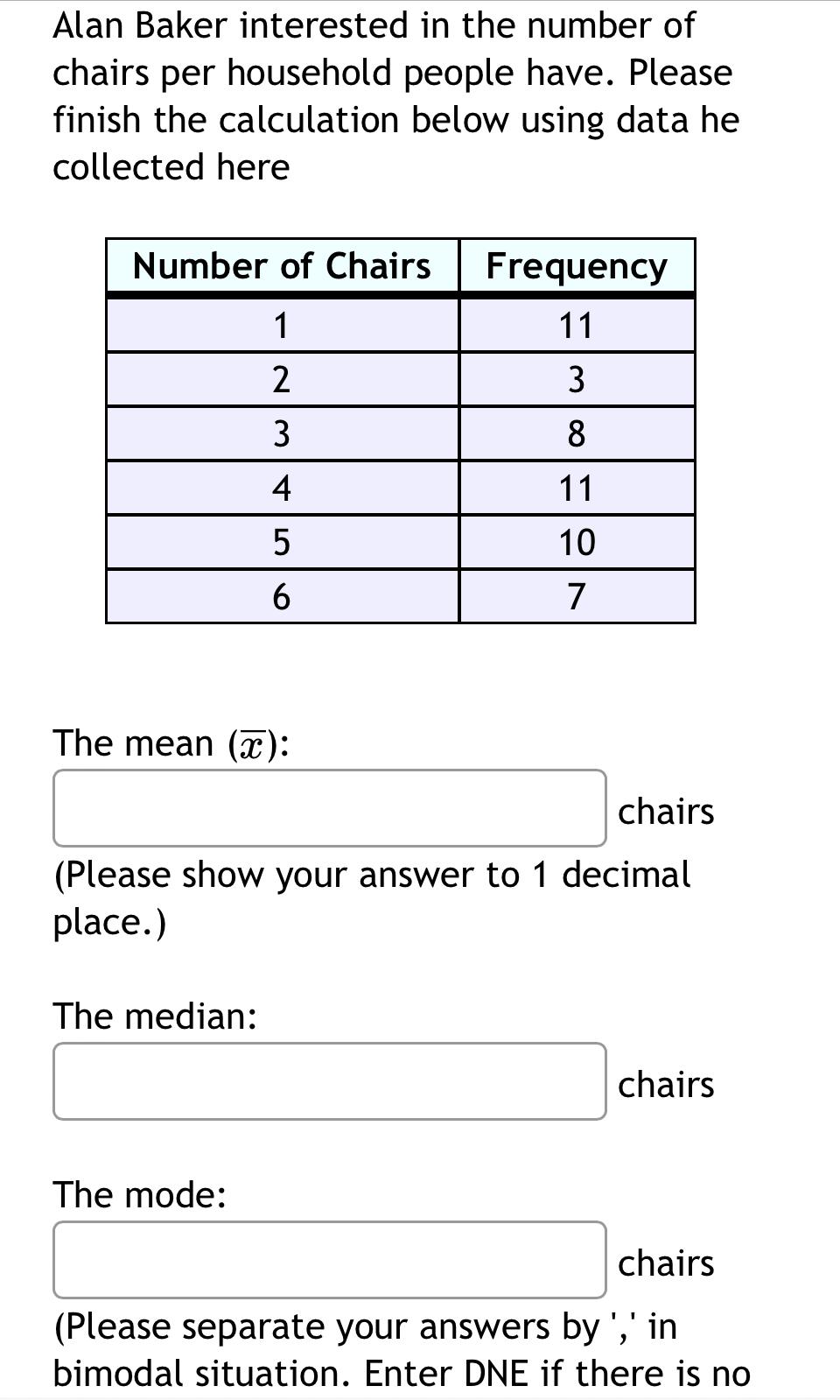 Solved Alan Baker interested in the number of chairs per | Chegg.com