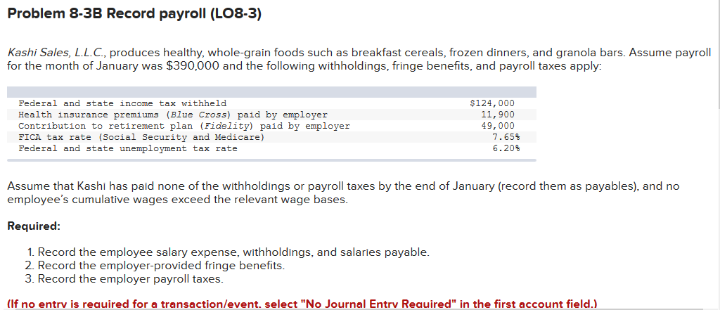 Solved Problem 8-3B Record payroll (LO8-3) Kashi Sales, | Chegg.com