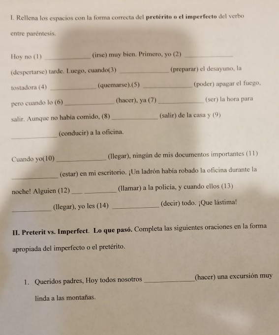 I. Rellena los espacios con la forma correcta del | Chegg.com