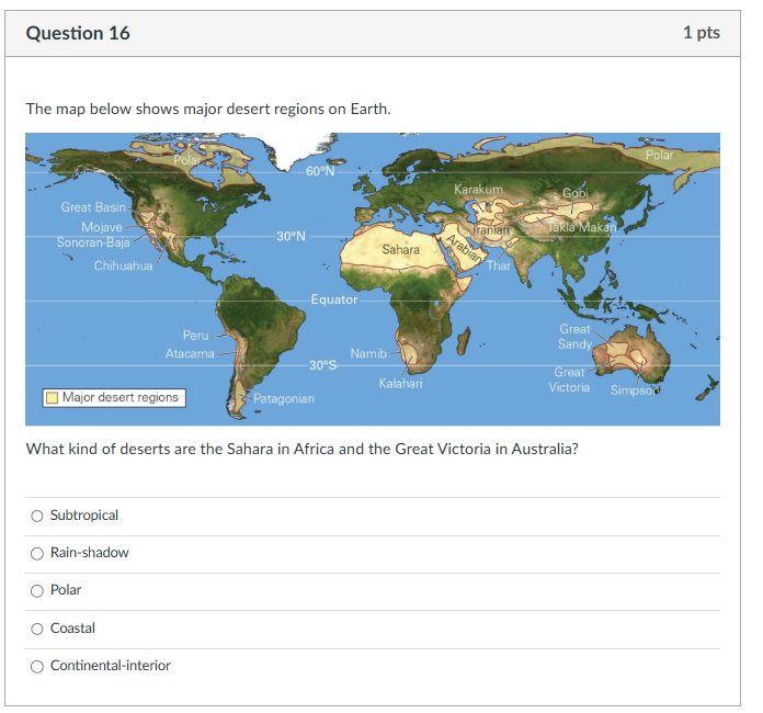 Solved The map below shows major desert regions on Earth. | Chegg.com