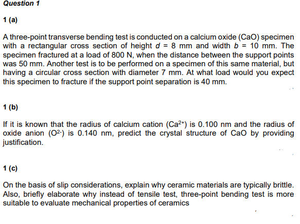 Solved Question 1 1 (a) A three-point transverse bending | Chegg.com