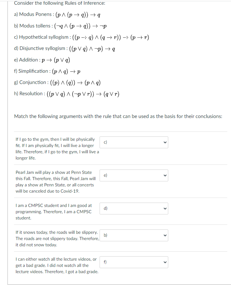 Solved Consider the following Rules of Inference: a) Modus | Chegg.com
