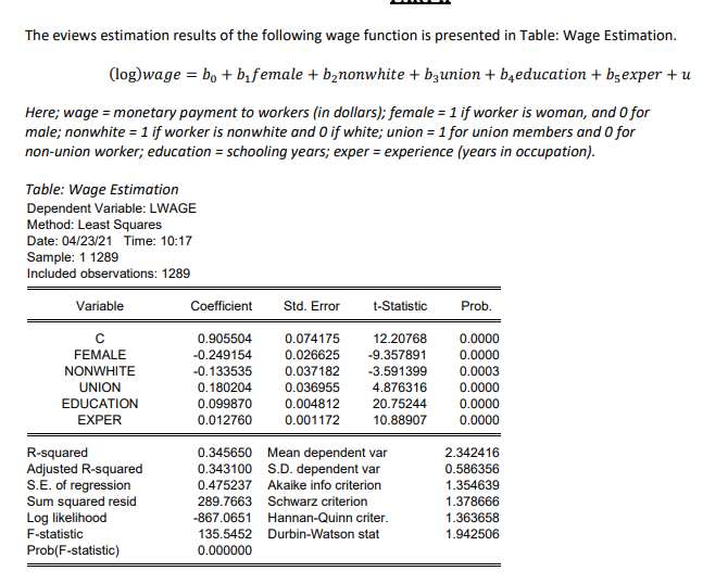Solved The eviews estimation results of the following wage | Chegg.com
