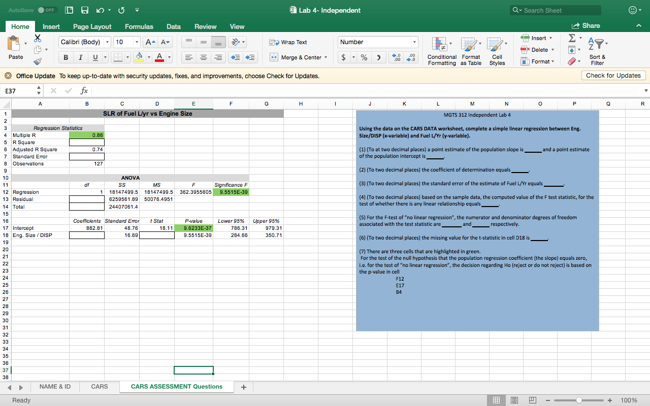 Solved Using the data on the CARS DATA worksheet, complete a | Chegg.com