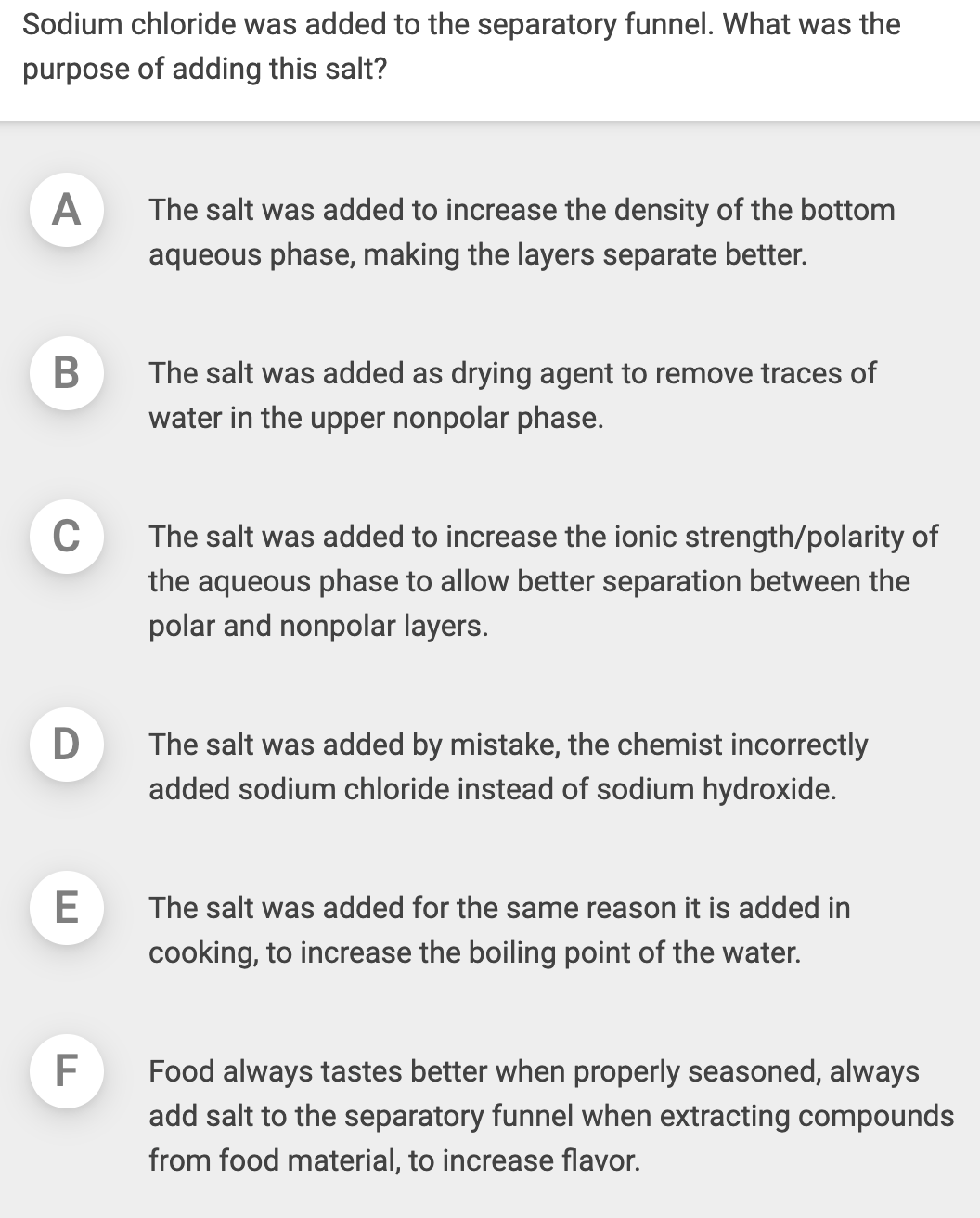 Solved Sodium chloride was added to the separatory funnel. | Chegg.com