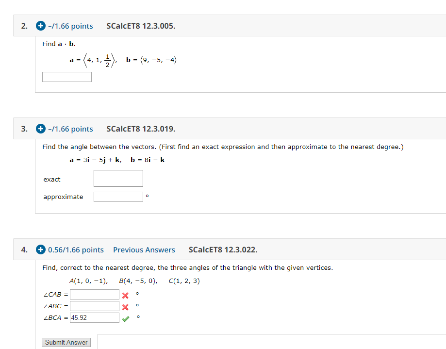 Solved 2. -/1.66 points SCalcET8 12.3.005. Find a . b. b = | Chegg.com
