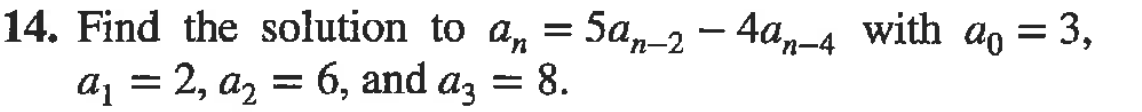 Solved 14. Find the solution to an=5an−2−4an−4 with a0=3, | Chegg.com