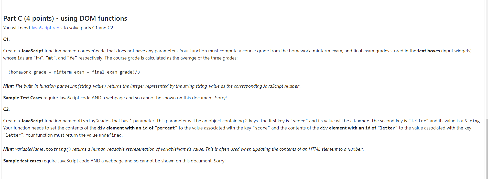 Solved Part C (4 points) - using DOM functions You will need | Chegg.com