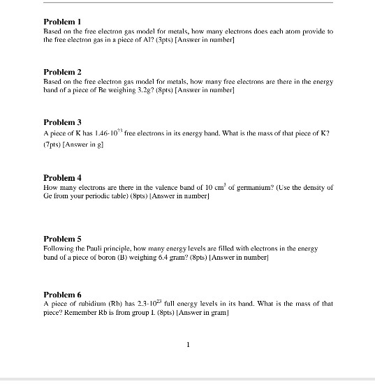 Solved Problem 1 Rased on the free electron gas model for | Chegg.com
