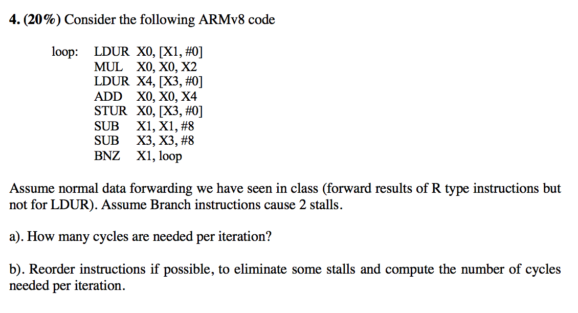 Solved 4. (20%) Consider the following ARMv8 code loop: LDUR | Chegg.com