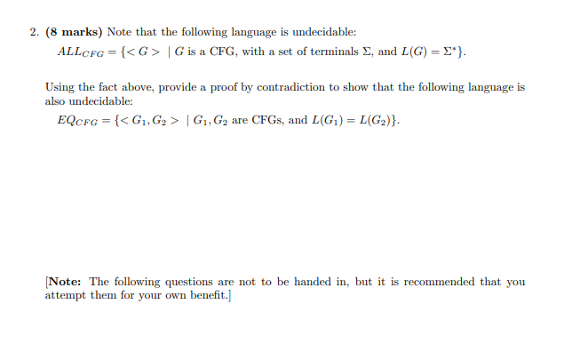 Solved 2. (8 marks) Note that the following language is | Chegg.com