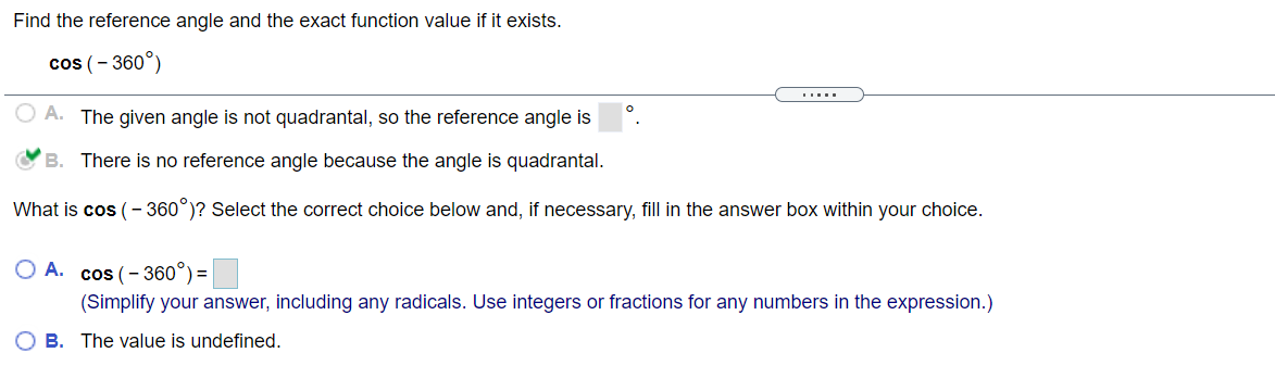 Solved Find the reference angle and the exact function value | Chegg.com