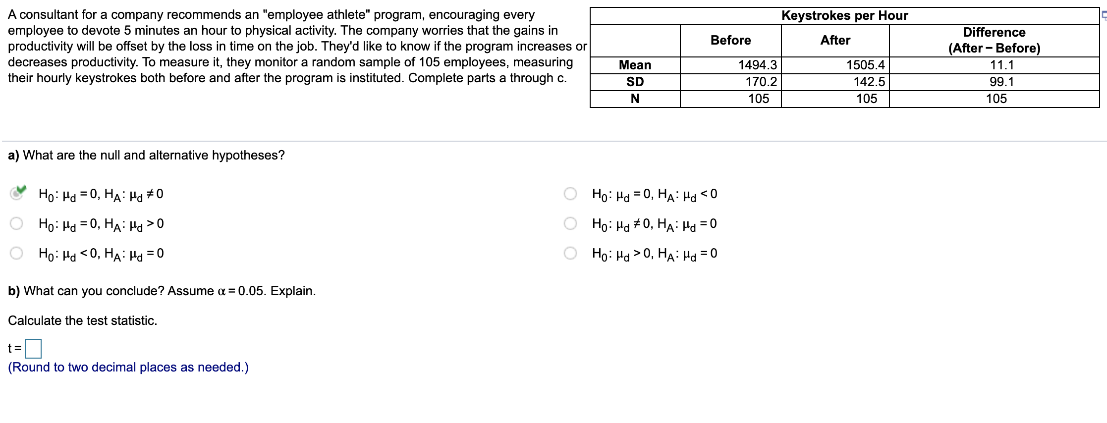 Solved Keystrokes per Hour Before After A consultant for a | Chegg.com