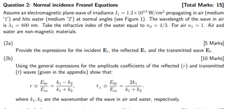 Solved Question 2: Normal incidence Fresnel Equations [Total | Chegg.com