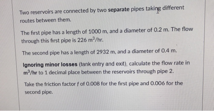 Solved Two reservoirs are connected by two separate pipes | Chegg.com