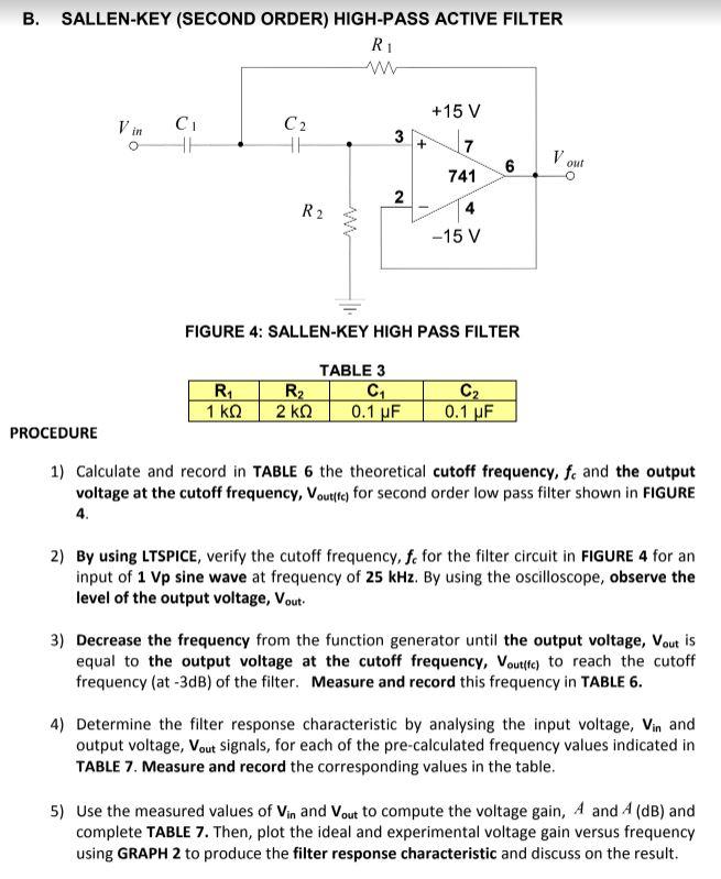 Solved B. SALLEN-KEY (SECOND ORDER) HIGH-PASS ACTIVE FILTER | Chegg.com