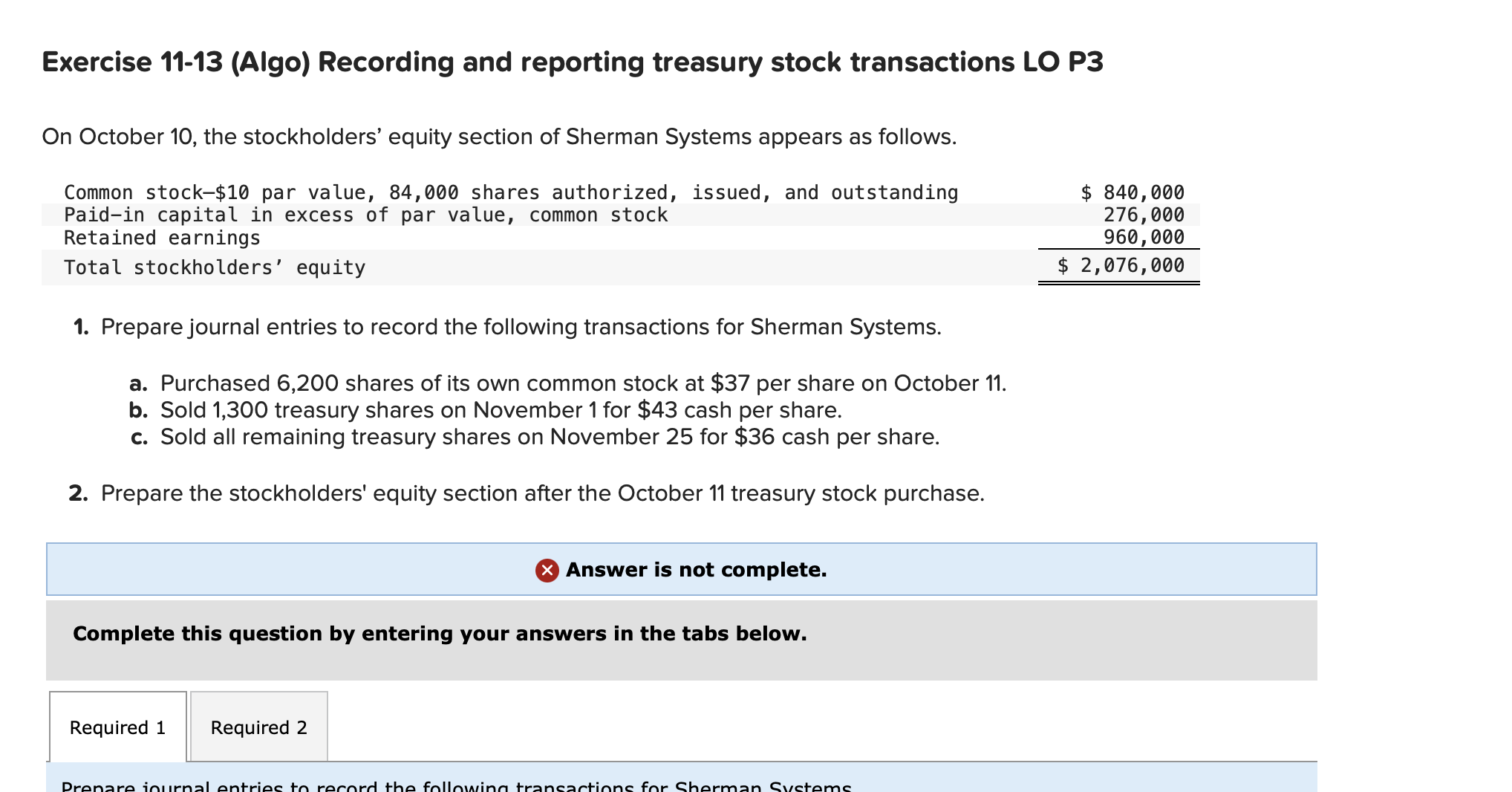 Solved Exercise 11-13 (Algo) Recording and reporting | Chegg.com