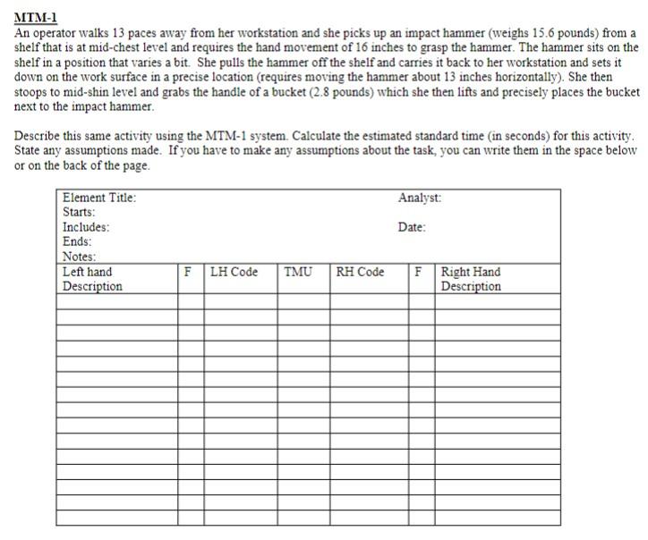 Solved MTM-1 An operator walks 13 paces away from her | Chegg.com