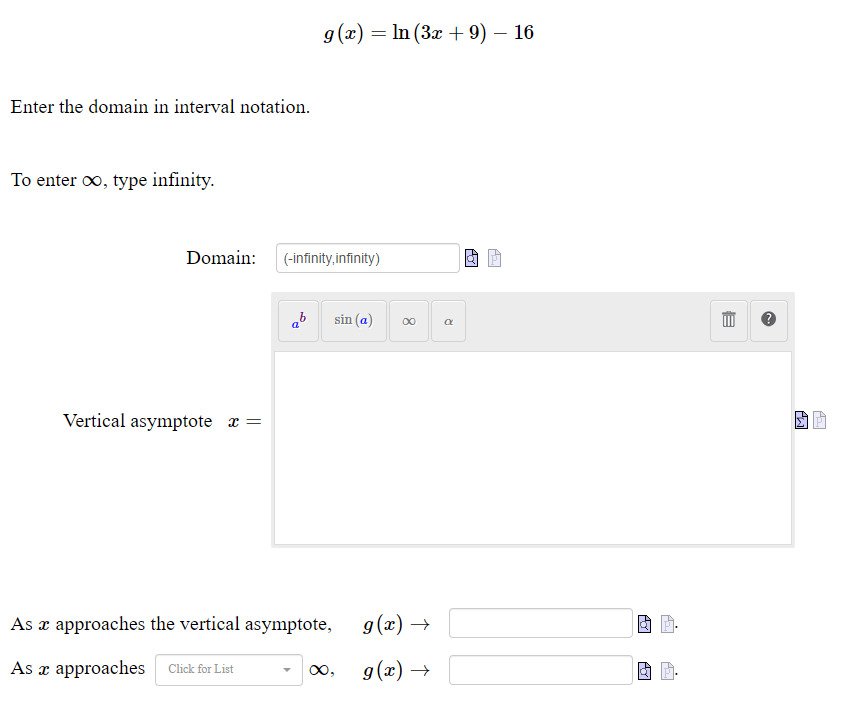 Solved g(x)=ln(3x+9)−16 Enter the domain in interval | Chegg.com