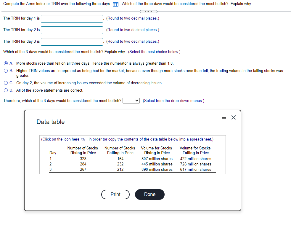 Solved Compute the Arms index or TRIN over the following | Chegg.com
