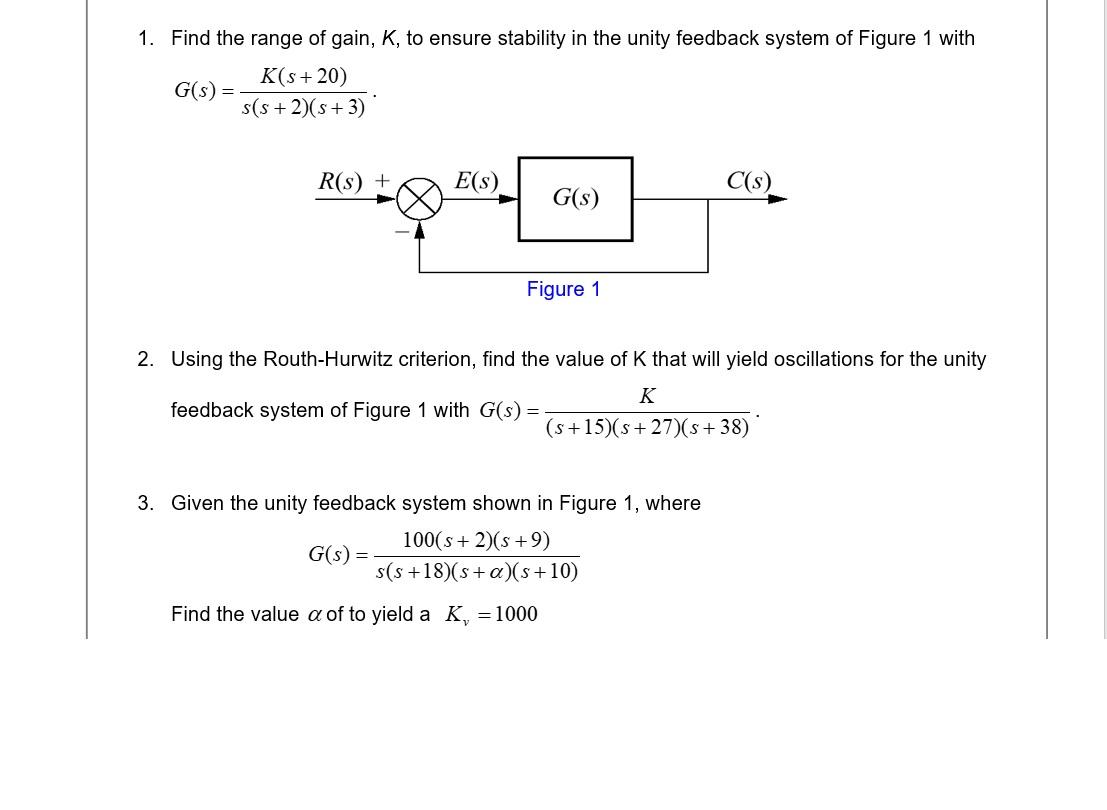 Solved 1. Find the range of gain, K, to ensure stability in | Chegg.com