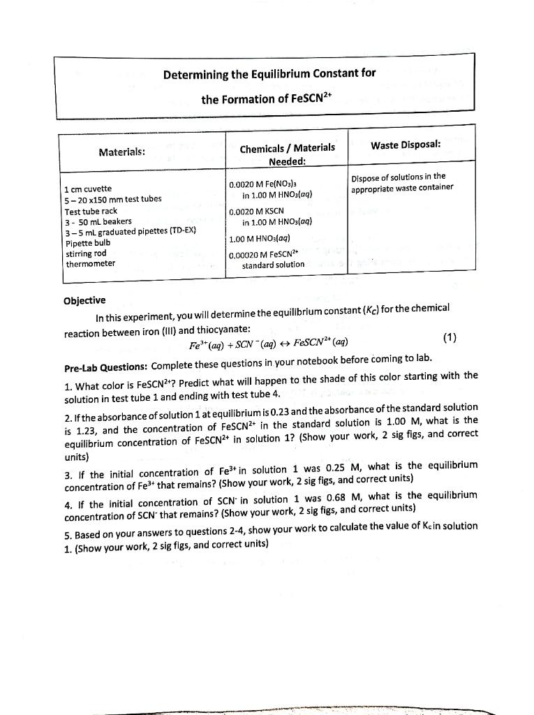 Solved Determining the Equilibrium Constant for the | Chegg.com