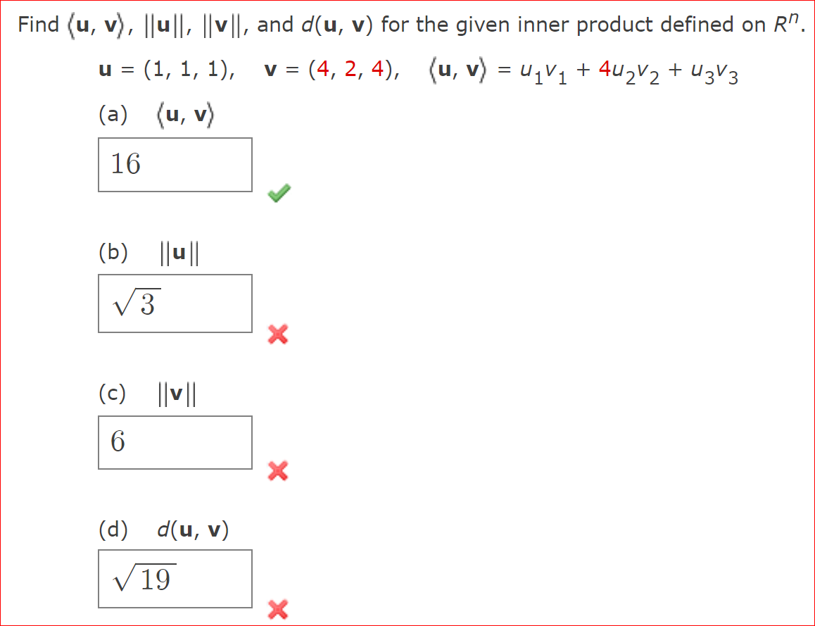 Solved Find (u, v), ||0||, || V ||, and d(u, v) for the | Chegg.com