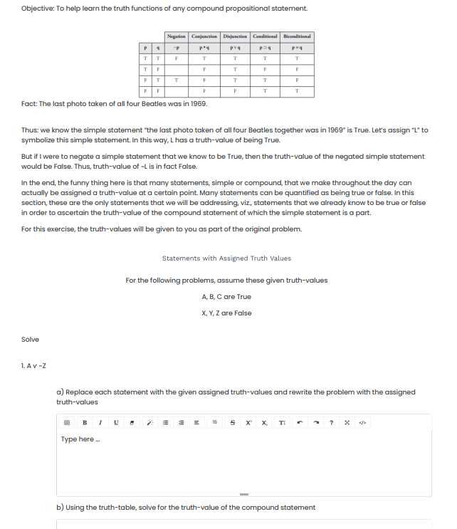 Solved Objective: To help learn the truth functions of any | Chegg.com