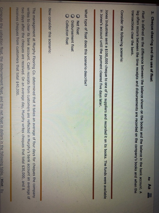 Solved 2. Cheque clearing and the use of float Float is | Chegg.com