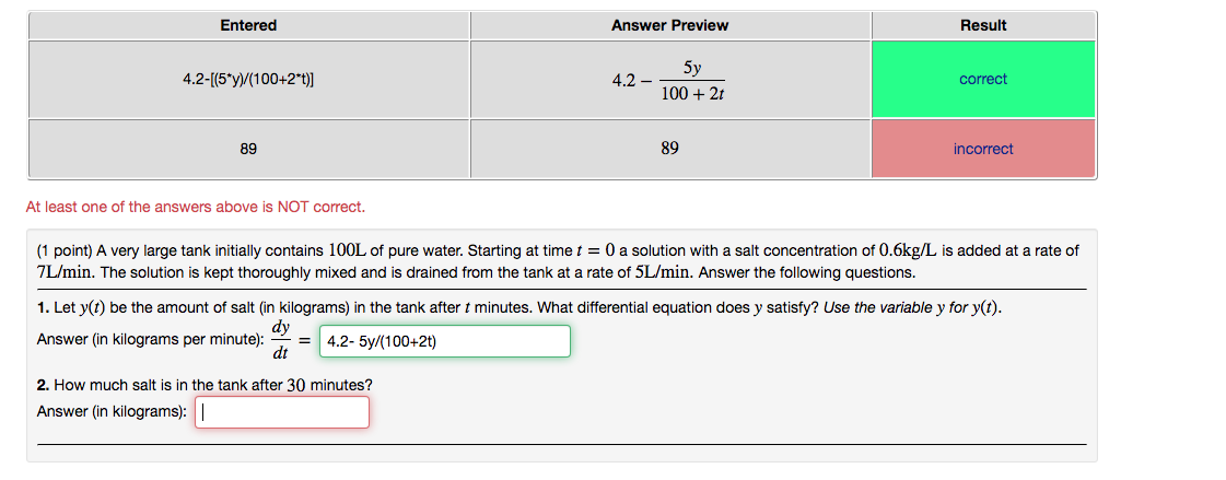 Solved Entered Answer Preview Result 4.2-[(5*y)/(100+2°t)] | Chegg.com