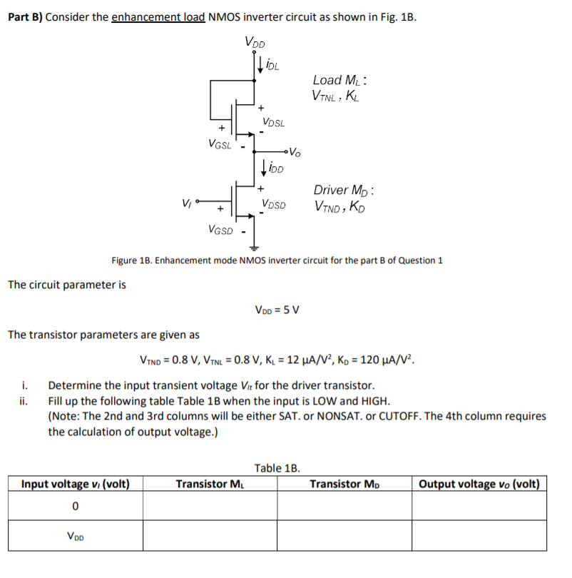 Solved Part B) Consider the enhancement load NMOS inverter | Chegg.com